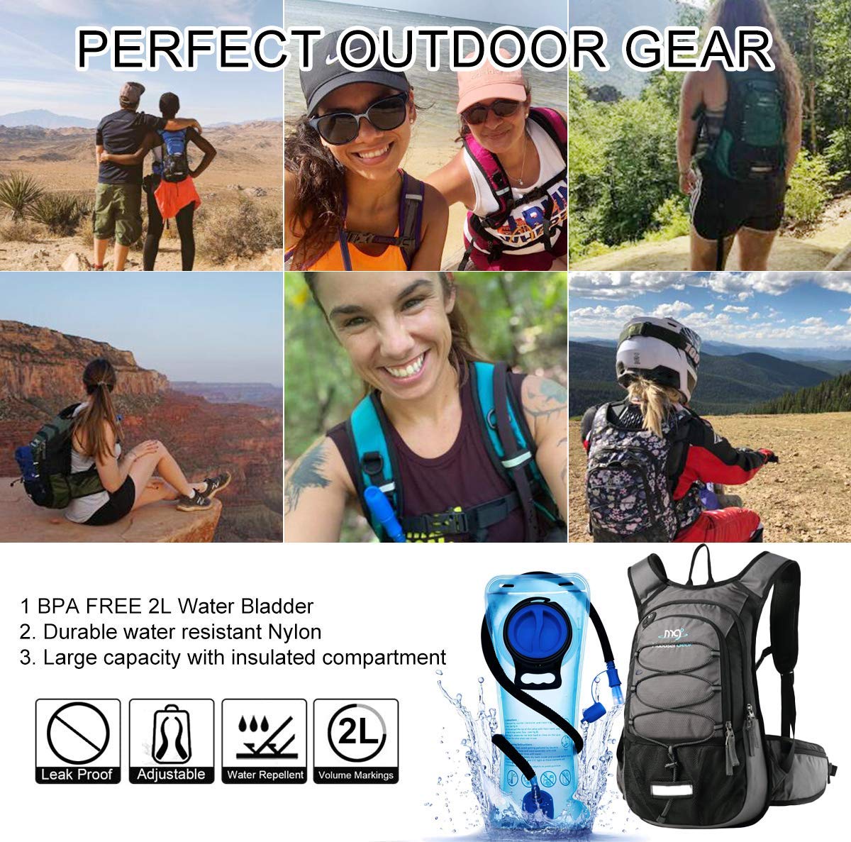Insulated Hydration Backpack Pack with 2L BPA Free Bladder - Keeps Liquid Cool up to 4 Hours β for Running, Hiking, Cycling, Camping (Grey)