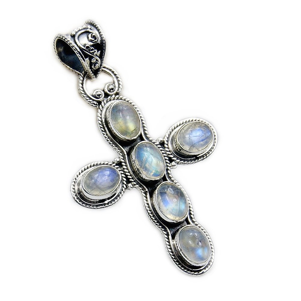 Glow Of Faith' Large Sterling Silver Natural Moonstone Cross Pendant