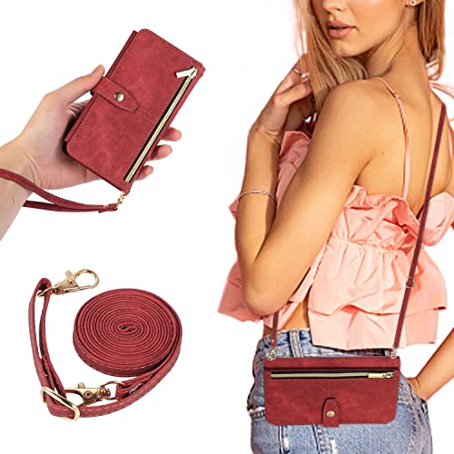 UEEBAI Crossbody Wallet Case for iPhone 13/iPhone 14 6.1 inch, 9 Card Slots Adjustable Crossbody Zipper Cover Detachable Lanyard Strap Flip Case with Hand Strap Kickstand Case - Red Wine