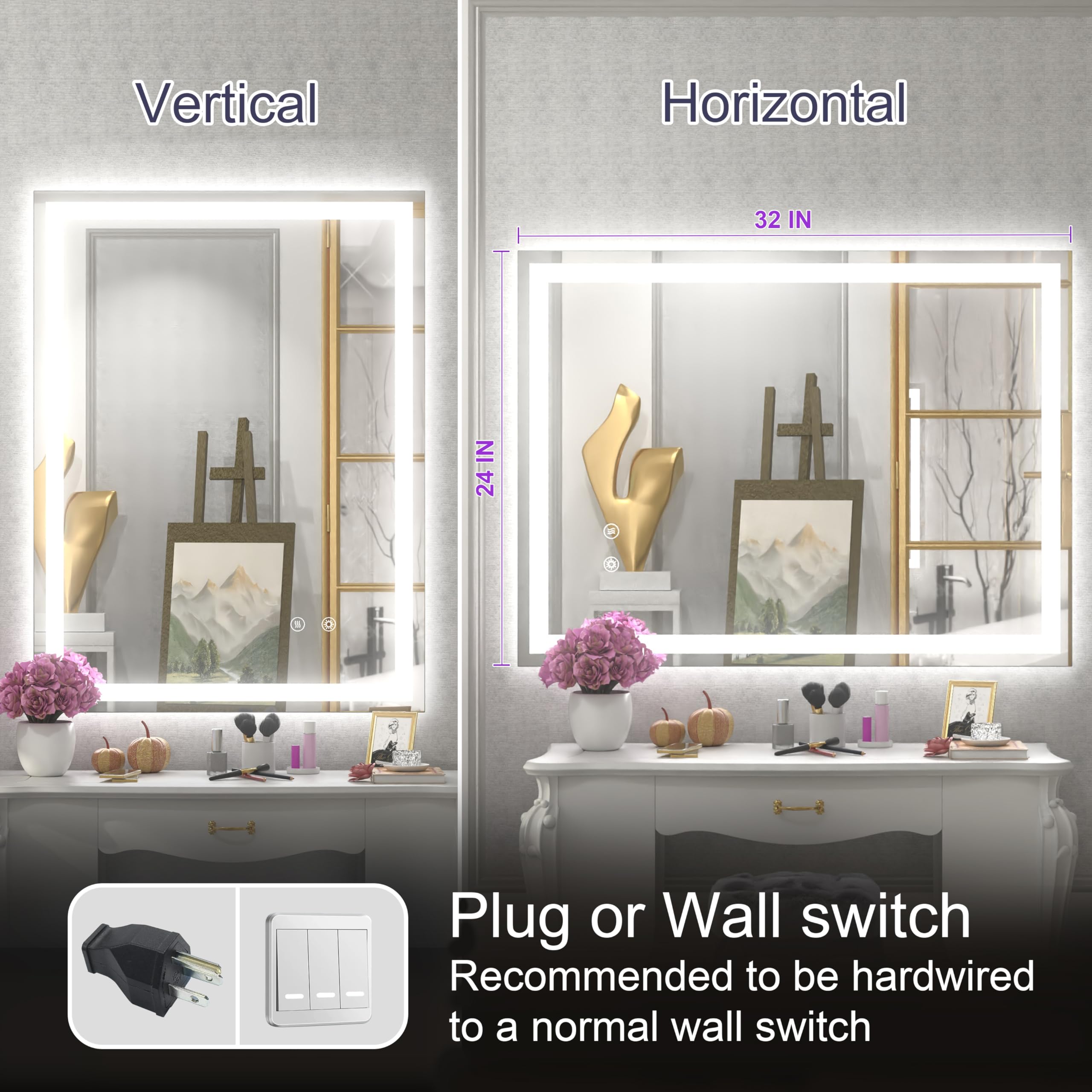 JSneijder 2-Piece(Frameless+Framed) Bathroom LED Mirror, 24x32 Inch, Wall Mounted Anti Fog Dimmable Lighted Mirror for Bedroom
