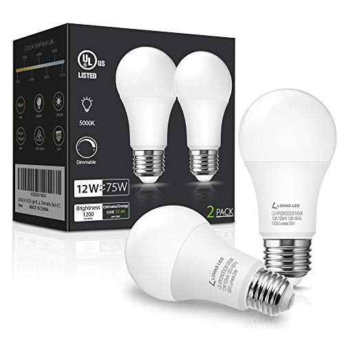 LOHAS Dimmable A19 LED Light Bulb, 12W LED Bulbs Daylight White 5000K, 75WEquivalent, 1200LM Edison Bulb, E26 Standard Base LED Bulb, UL Listed, 2 Pack