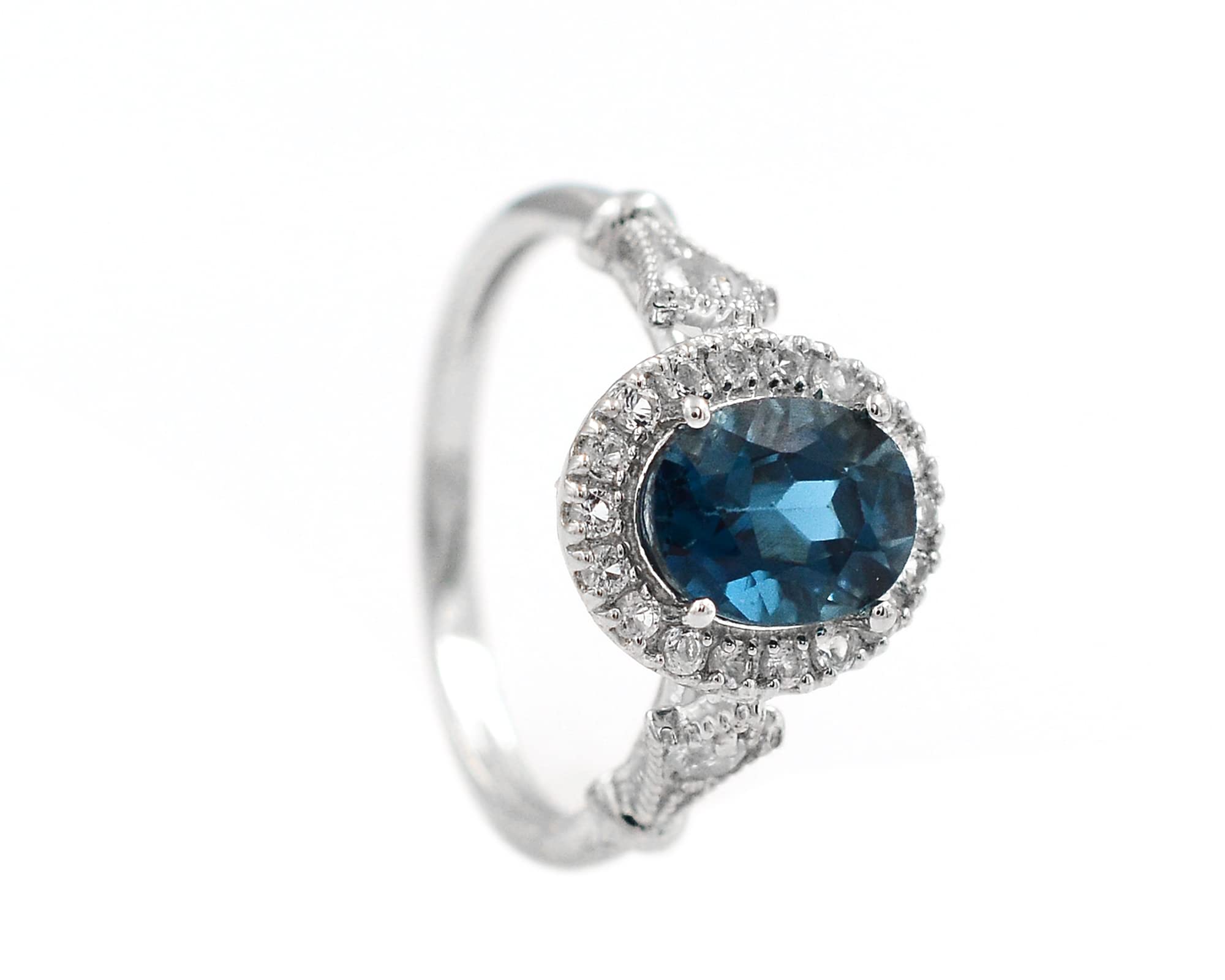 Natural 9X7 MM London Blue Topaz Gemstone Oval Cut 925 Sterling Silver December Birthstone Statement Ring For Engagement Gift (Rhodium Plated Silver, 8.5)