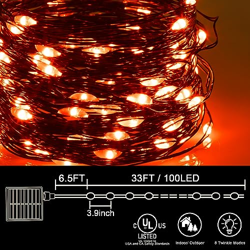 kemooie 2 Pack 100 LED Orange Solar Halloween Lights, 8 Twinkle Modes Waterproof Upgraded Solar Powered Fairy Lights, for Outdoor Garden Patio Christmas Halloween Decorations (Orange)
