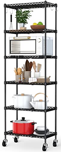 vkahaak 6-Tier Wire Shelving Unit, Adjustable Storage Shelf with Lockable Wheels, Large Capacity Metal Shelves with Stainless Hook for Garage Kitchen Pantry Living Room Bathroom (22" x 12" x 65")