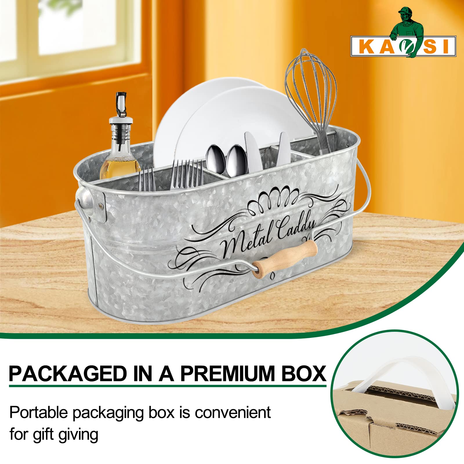 KAVSI Home Galvanized Metal Kitchen Utensil Box with Comfortable Handle for Kitchen Counter-Top/Dining Table, With Dividers Flatware Storage Organizer for Paper Plates, Napkins and Silverware
