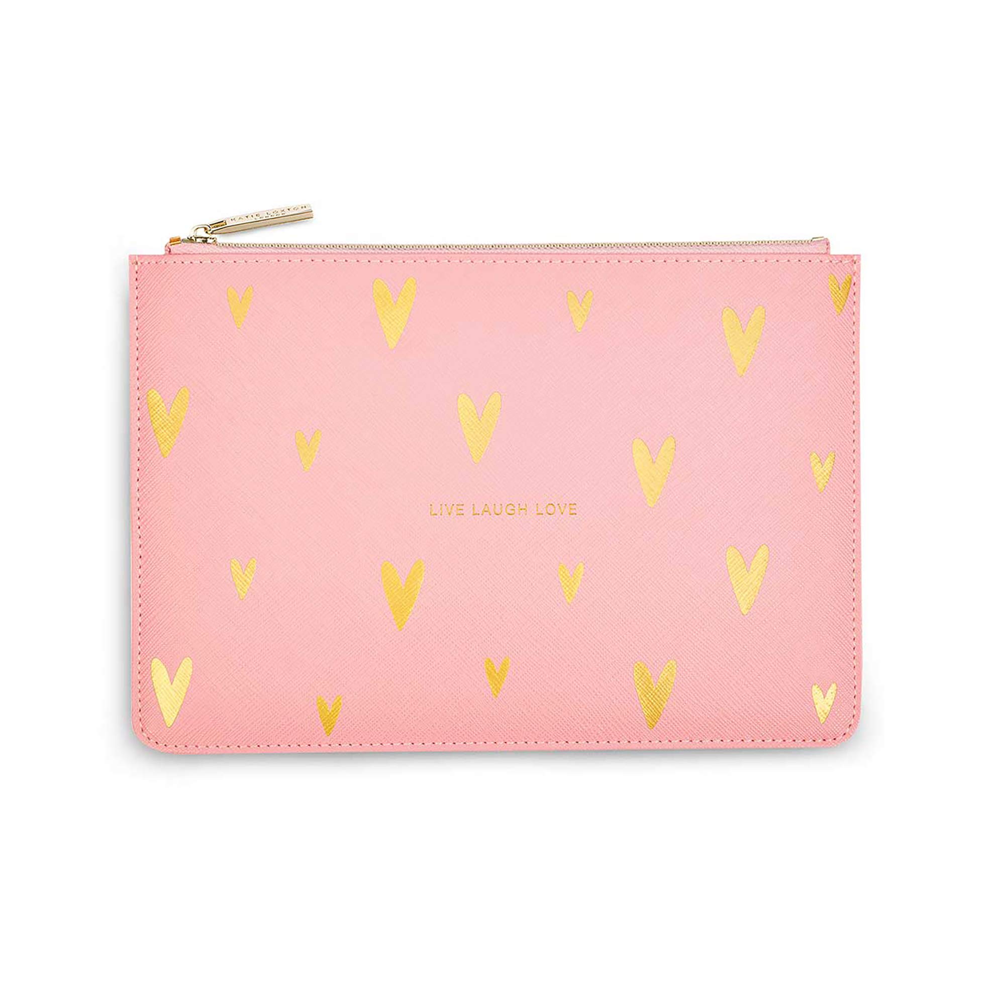 KATIE LOXTON Gold Print Live Love Sparkle Womens Medium Vegan Leather Clutch Perfect Pouch Pink Hearts