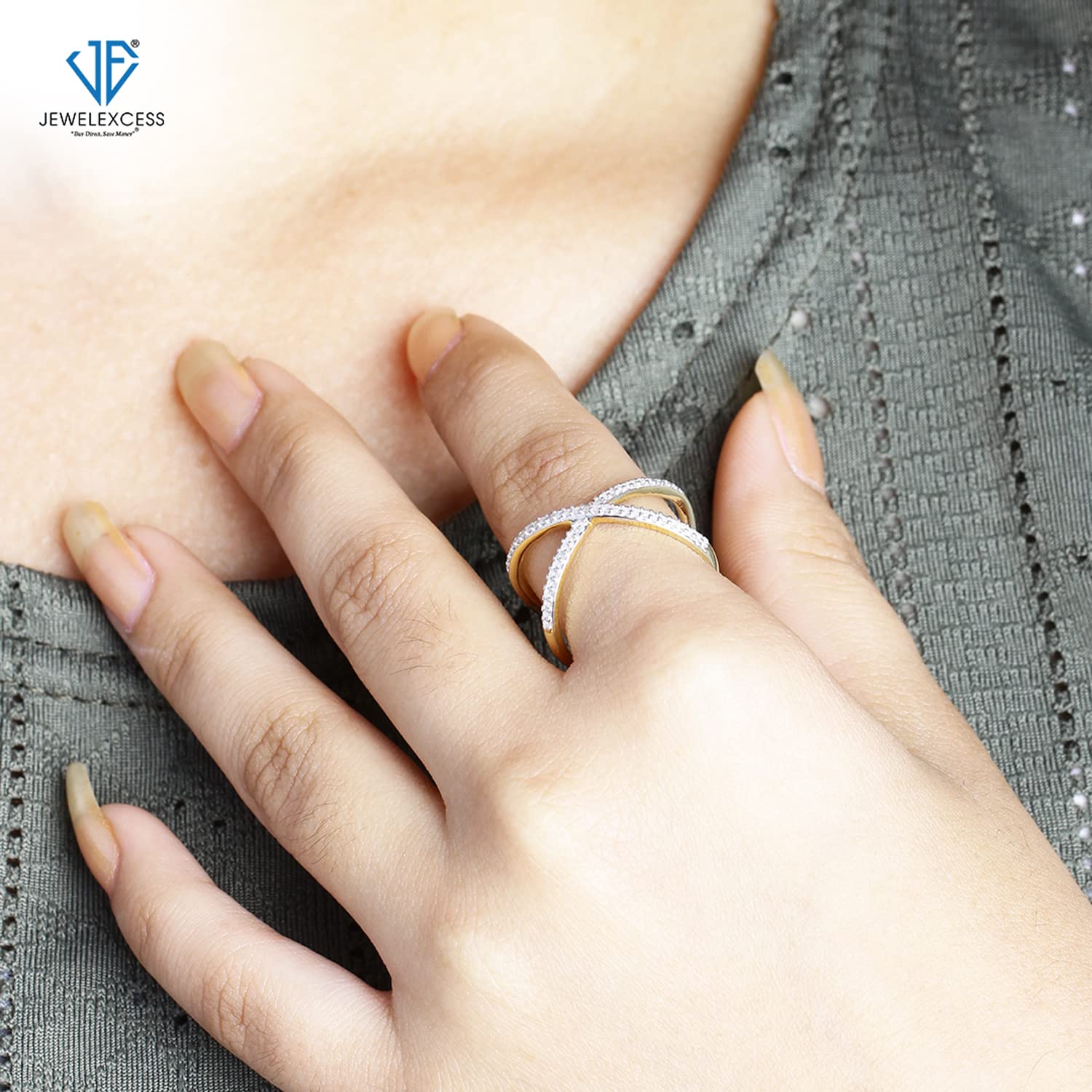 JEWELEXCESS 14K Gold over Silver Criss Cross Ring β 1/7 Carat White Diamond Ring with 14K Gold over Silver X Ring β Real Diamond Criss Cross Ring with Hypoallergenic Gold Plating Ring Band