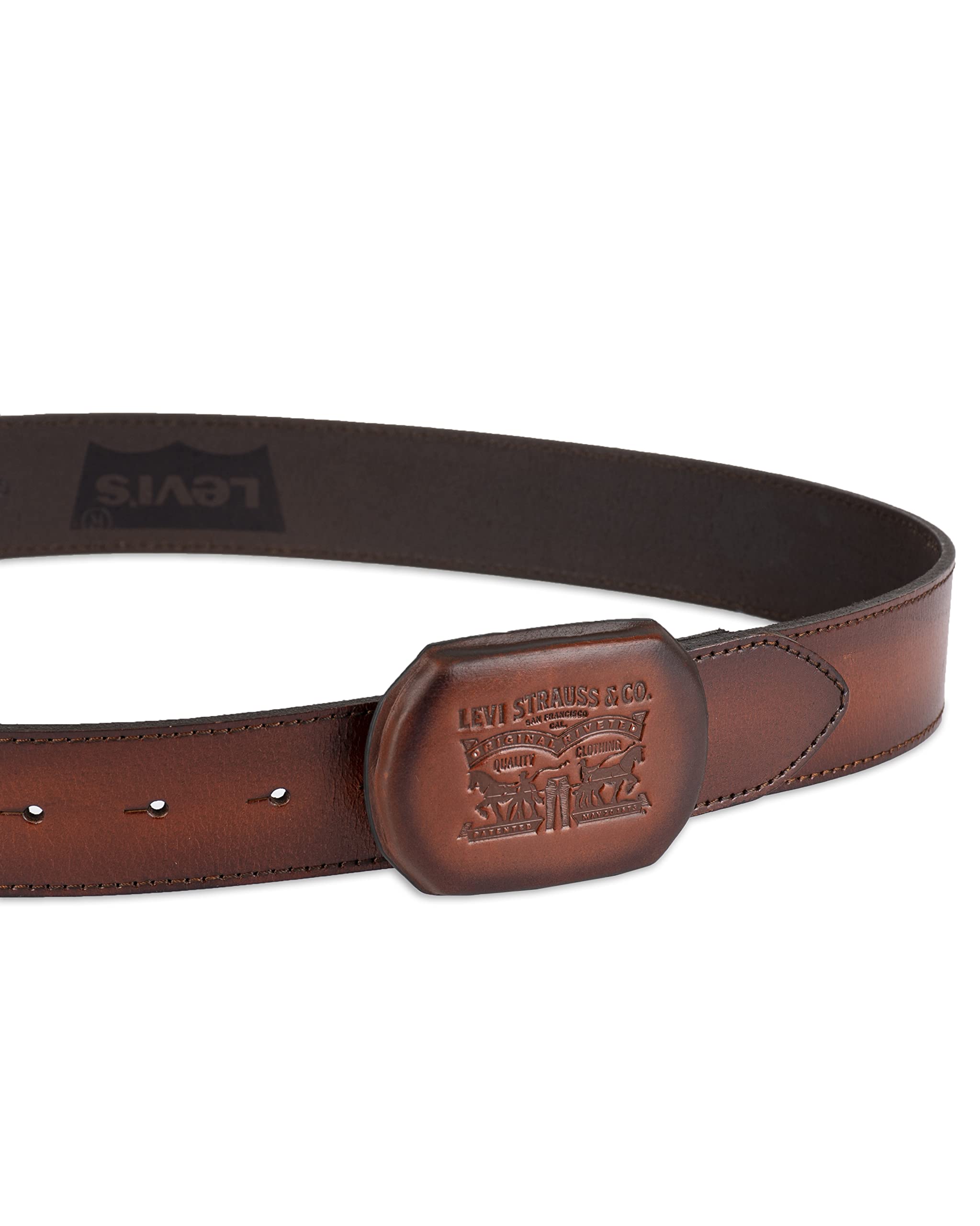 Levi's Men's Leather Jeans Belt with Plaque Logo, Tan Buckle, Medium (34-36)