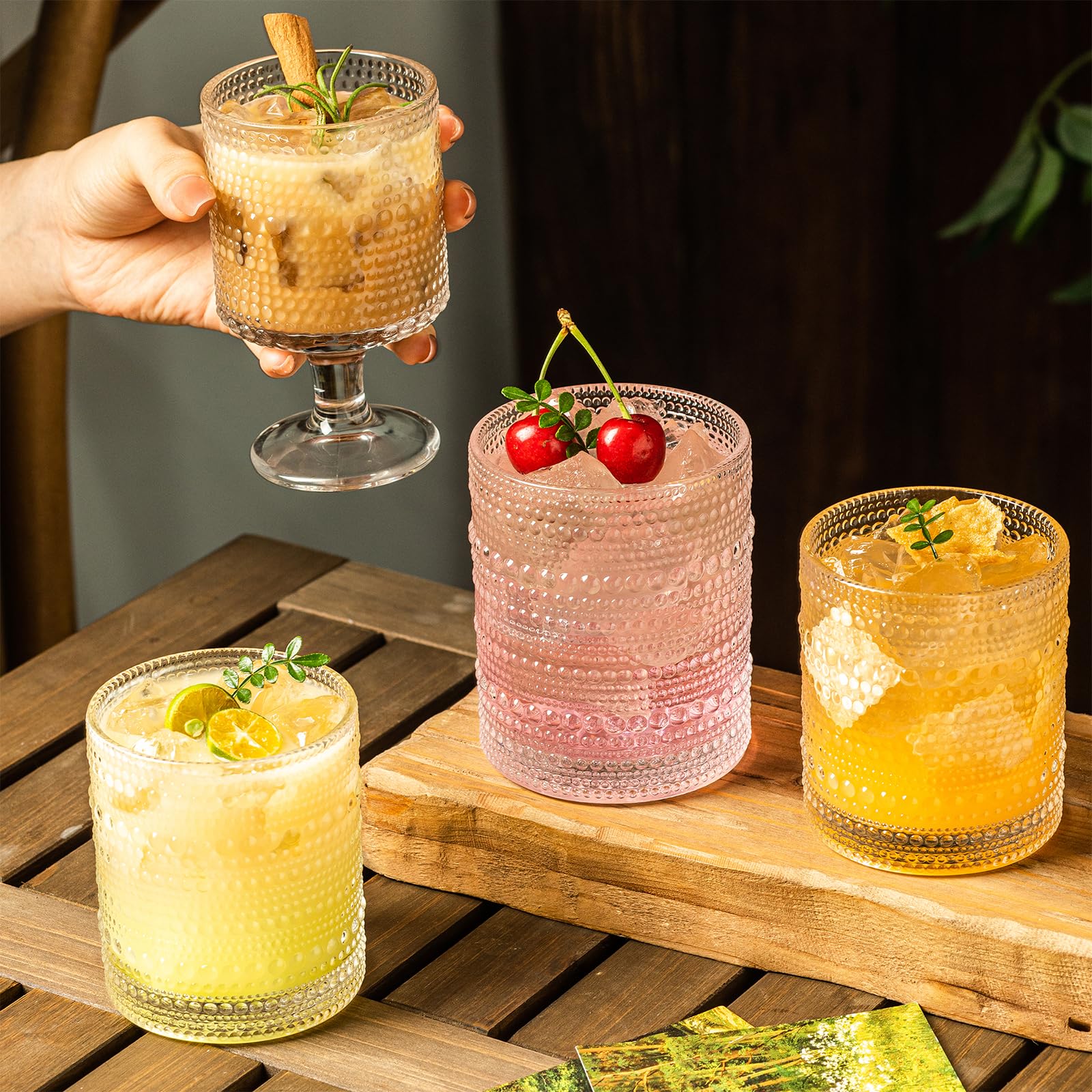 KEMORELA Vintage Glassware Drinking Glasses Set of 4, Hobnail Drinking Glasses, bar glasses, Embossed Design Glassware for Beverages, Beer, Cocktail, Whiskey, Juice and Various Mixed Drinks