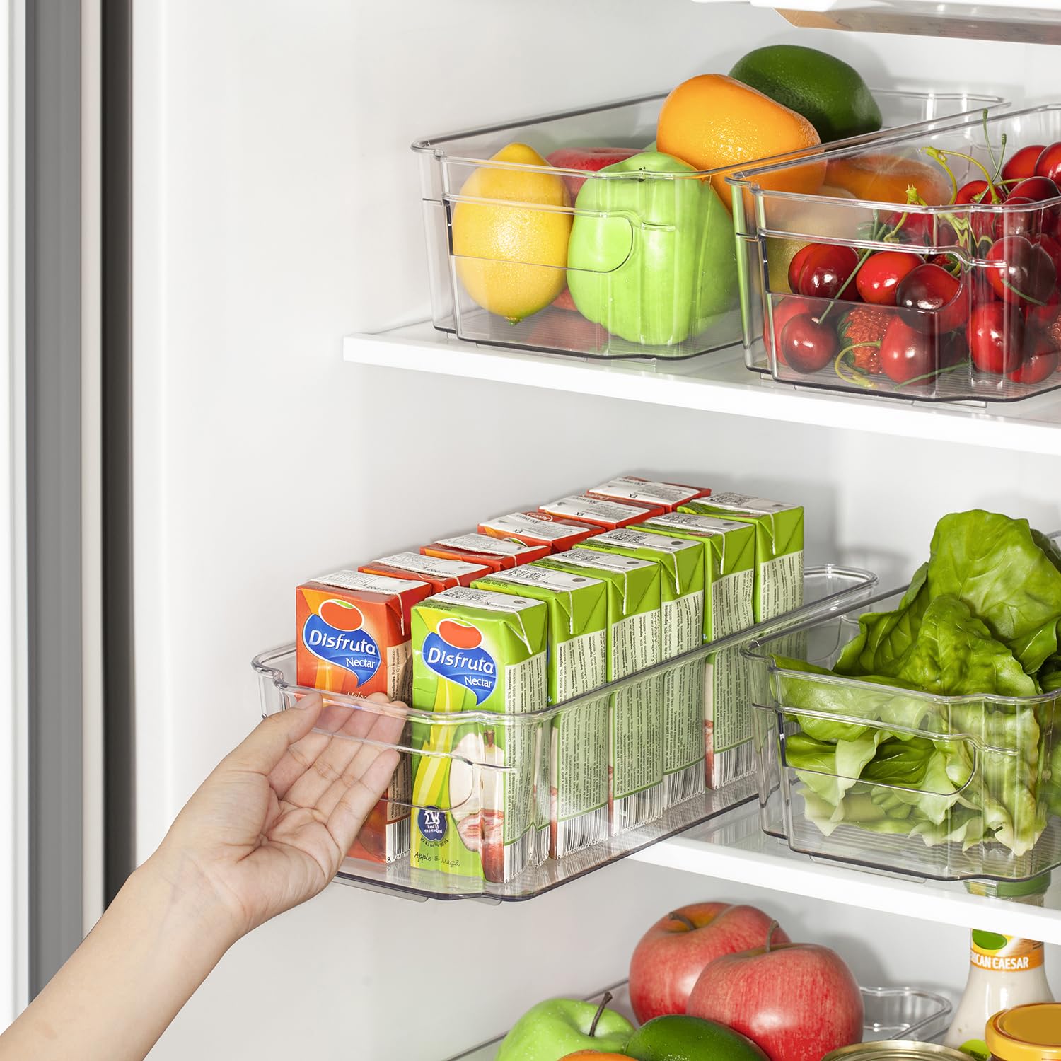 HOOJO Refrigerator Organizer Bins - 4pcs Clear Plastic Bins For Fridge, Freezer, Kitchen Cabinet, Pantry Organization, BPA Free Fridge Organizer, 14.5" Long-X Large, Clear
