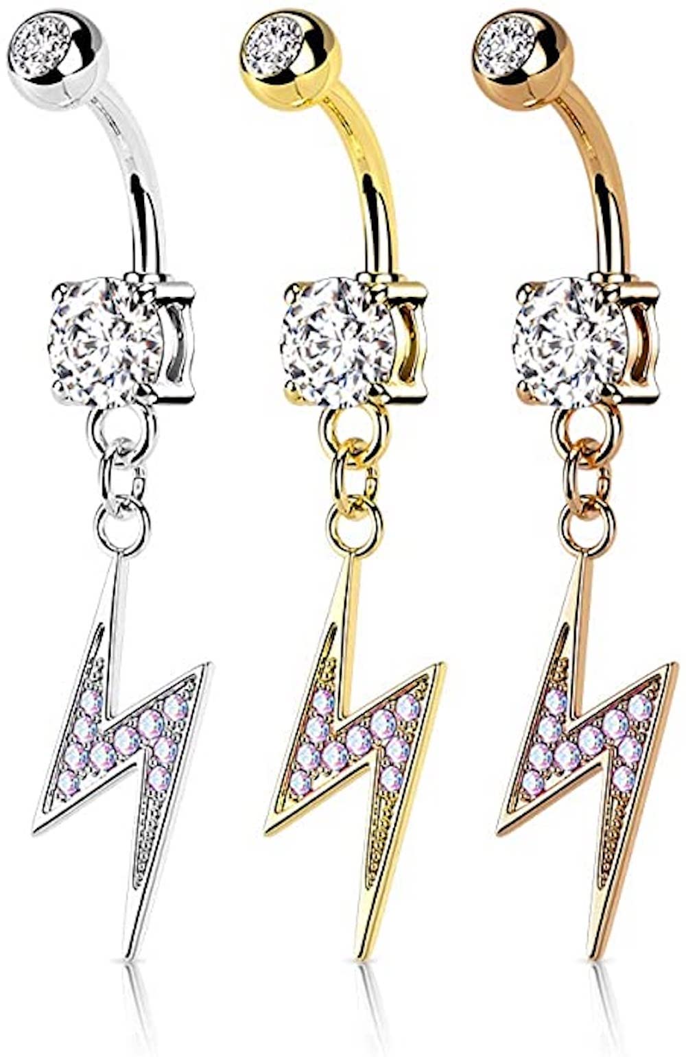 Lightning Bolt Paved with AB CZ Dangle 316L Surgical Steel Jeweled Belly Button Ring (Rose Gold)