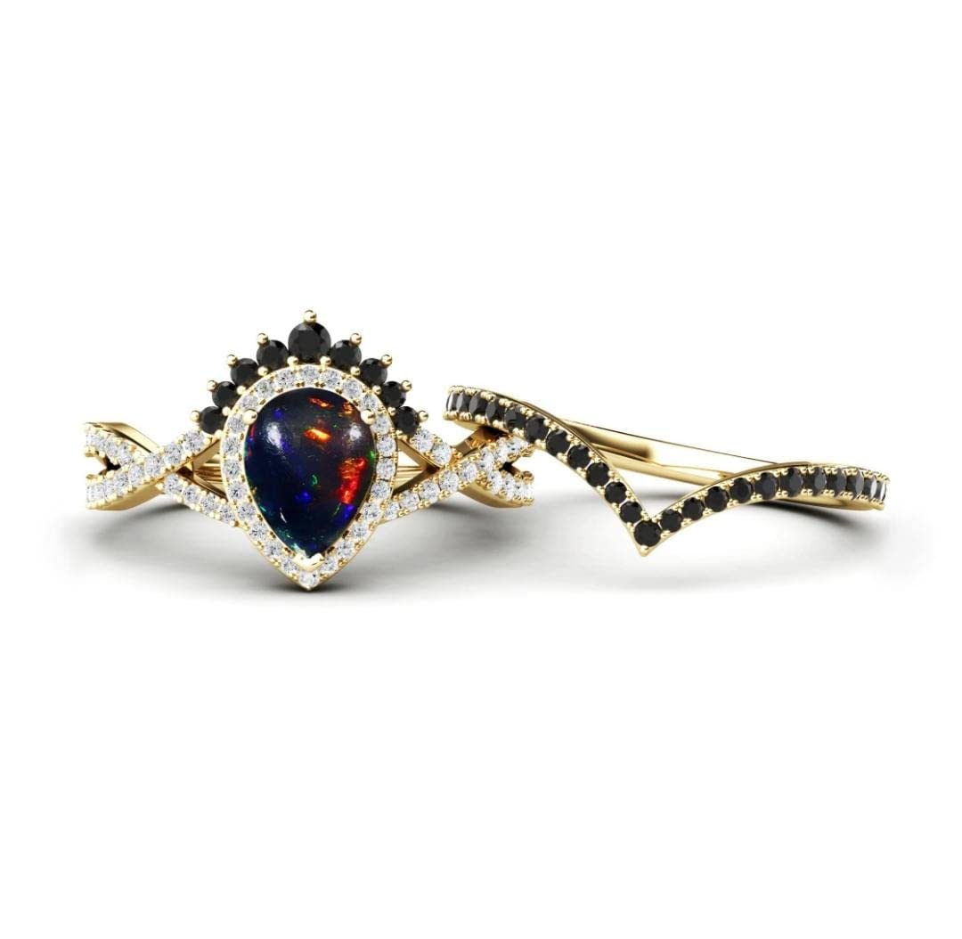 Natural Ethiopian Opal Ring, Pear Black Opal Ring, Sterling Silver Fire Opal Ring, Dark Opal Ring Set, Women Black Opal Halo Engagement Ring (Rose Gold, 7)