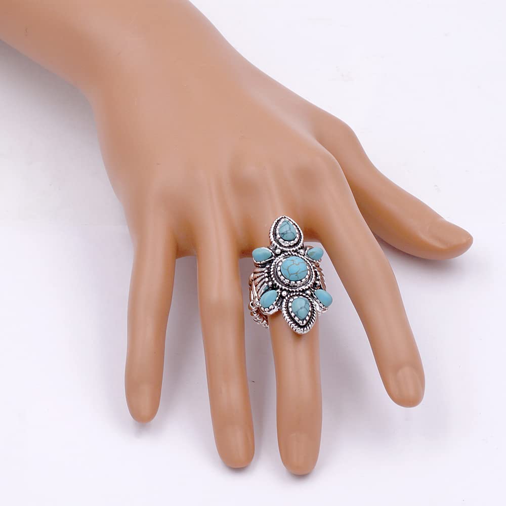 Lavencious Antique Silver/Gold Plated with Turquoise Stones Stretch Statement Rings for Women Size for 7-9 (Antique Silver Plated)