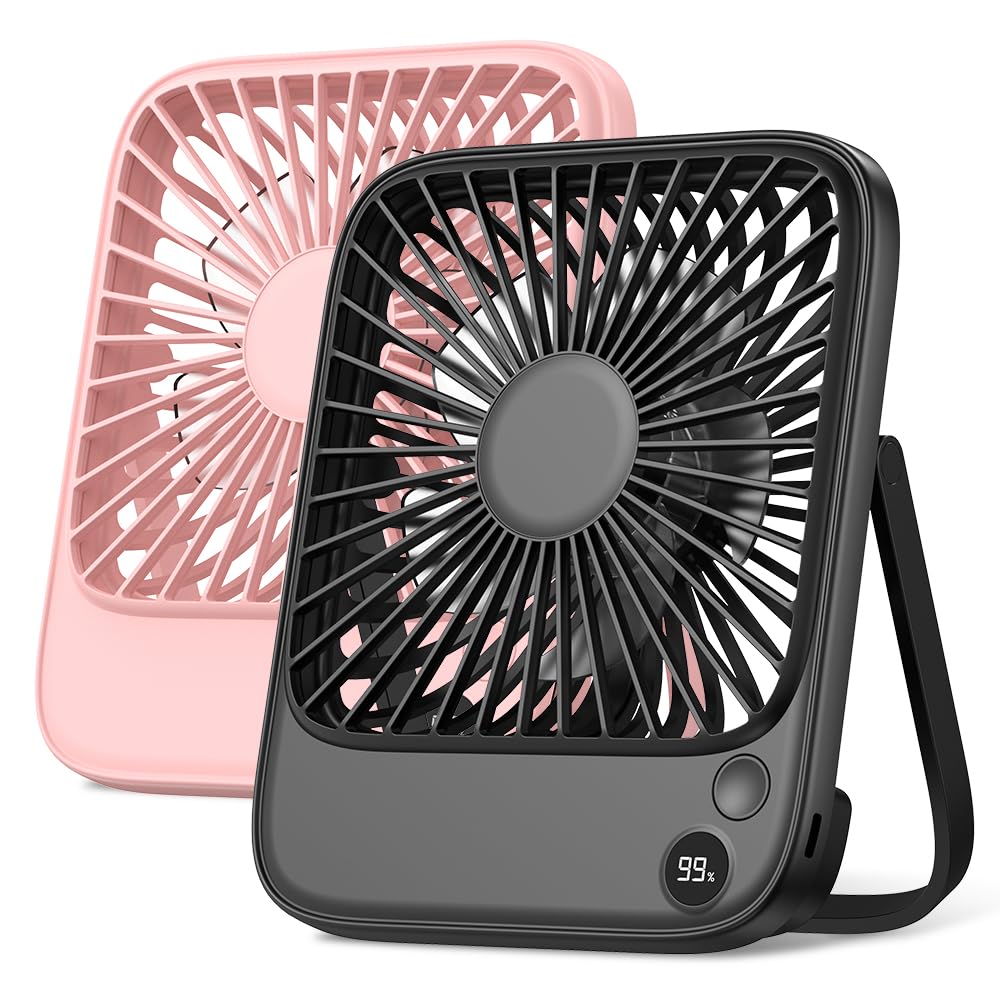 TOPK 2 Pack 5000mAh Portable Desk Fan, Ultra-thin Strong Wind Digital Display 4 Speeds Adjustable Small Silent Battery Powered Personal Fan for Bedroom, Office, Travel, Library, Outdoor