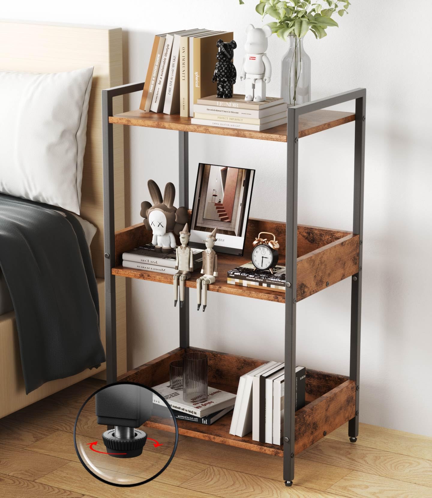 YSVCO Bookshelf, 3 Tier Industrial Small Book Shelf, Small Storage Bookcase with Organizer, Freestanding Open Shelf for Small Spaces, Bedroom, Living Room, Retro Brown BS70FB