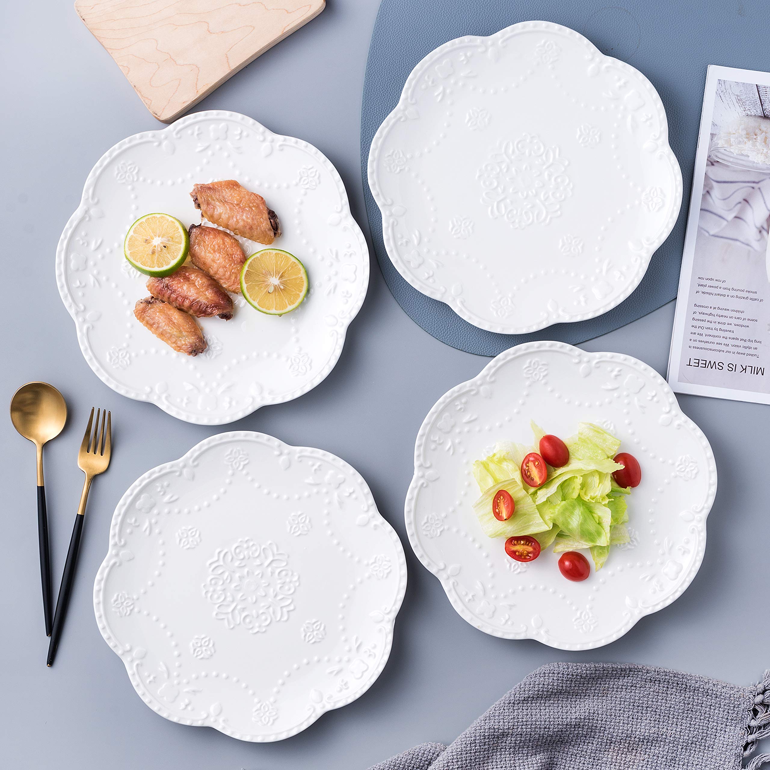 Jusalpha Embossed Lace Porcelain Plate-Dinner Plate Set, Pasta/Salad/Dessert Plate, Tableware Set for Restaurant Family Party Kitchen Use -4 Pieces, FD-PL15 (10 Inche, White)