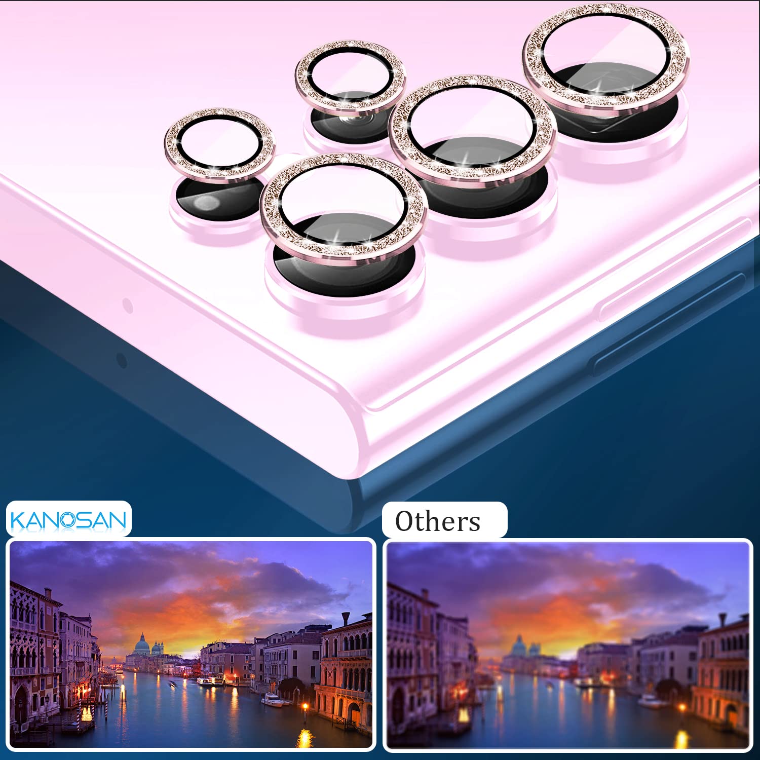 Kanosan Compatible for Samsung Galaxy S23 Ultra Camera Lens Protector, Aluminium Alloy Ring 9H Tempered Glass Decorative Accessories Camera Cover for Galaxy S23 Ultra Glitter Pink