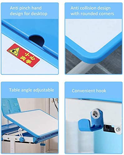 Kids Desk, Children Height Adjustable Study Desk and Chair Set, Children Home Study Table Students Writing Desk with Lamp, Drawer, Bookstand, Pencil Case, Bookstand, Blue