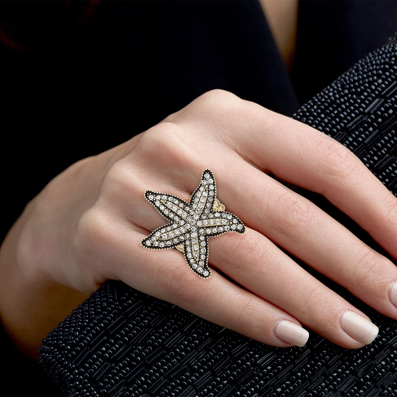 Lavencious Starfish Design Rhinestone Stretch Statement Ring for Women Size for 7-9(Silver Turquoise)