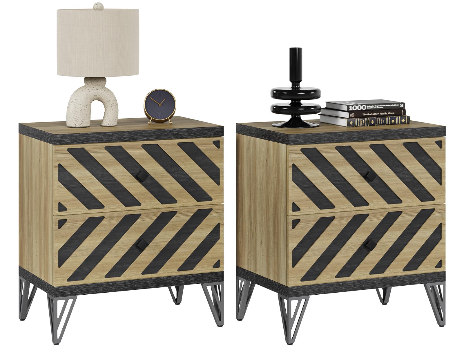 SICOTAS Large Night Stand Set of 2 - Modern Bedside Table Wide Nightstands with 2 Herringbone Decor Drawers, Sturdy Metal Legs, Wood Accent End Table for Bedroom