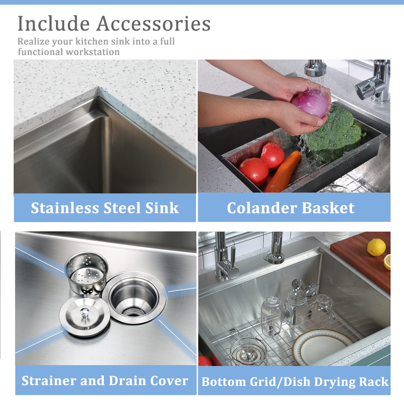 Homtone 27 Inch Kitchen Sink Undermount, Stainless Steel 10" Deep Single Bowl Sink, Workstation Sink Combo with Accessories