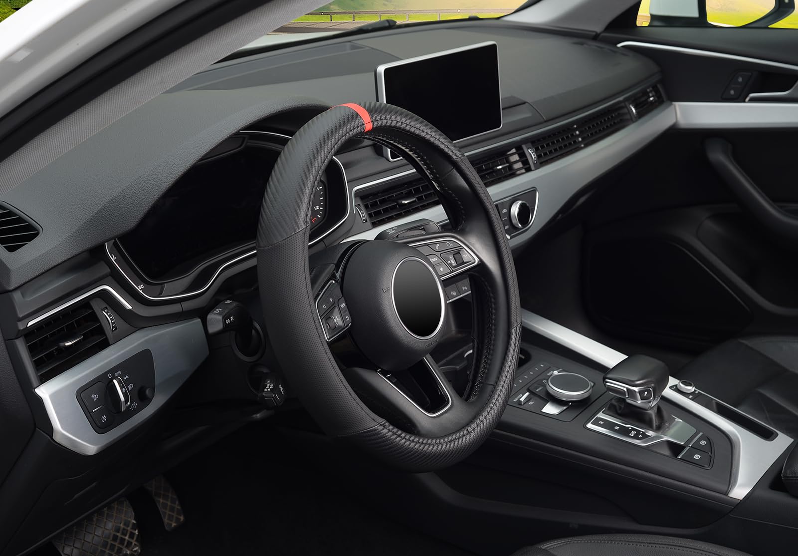 KAFEEK Car Steering Wheel Cover Men,Universal 15 inch, Microfiber Leather Carbon Fiber Black Steering Wheel Accessories, Anti-Slip, Odorless, Breathable, Black