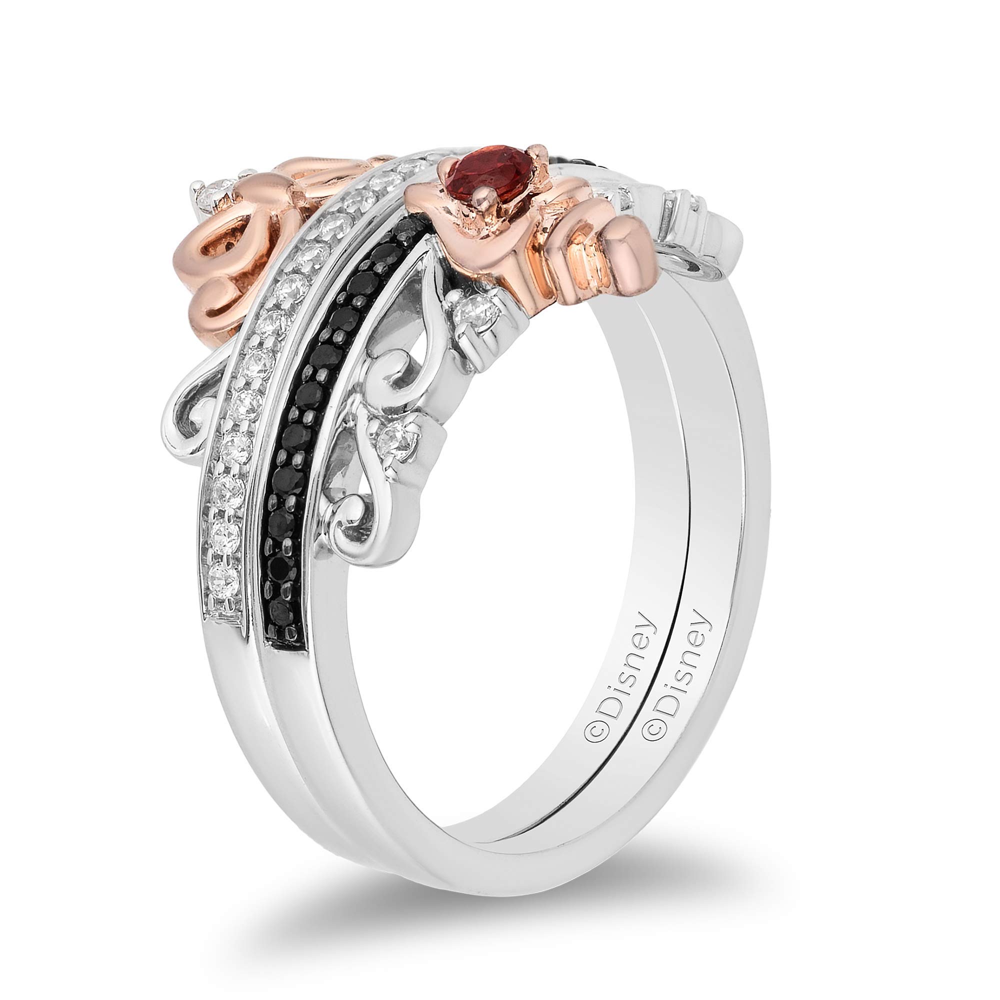 Jewelili Enchanted Disney Fine Jewelry Sterling Silver and 10K Rose Gold 1/4 Cttw Diamond and Round Ruby Snow White and Evil Queen Duo Ring Size 7