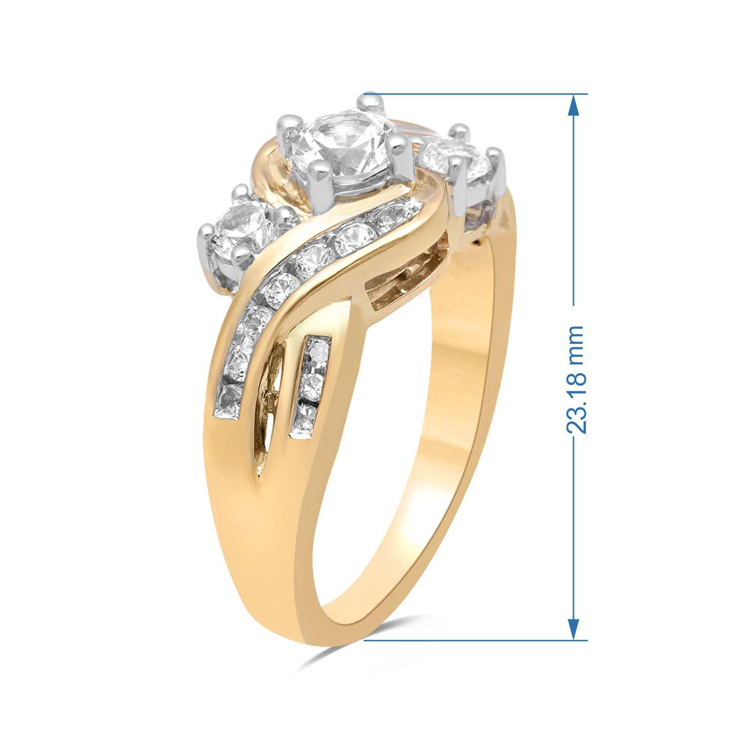 Jewelili 14K Yellow gold over Sterling Silver 3 Stone Round Created White Sapphire and Natural White Round Diamond Accent Ring, Size 6