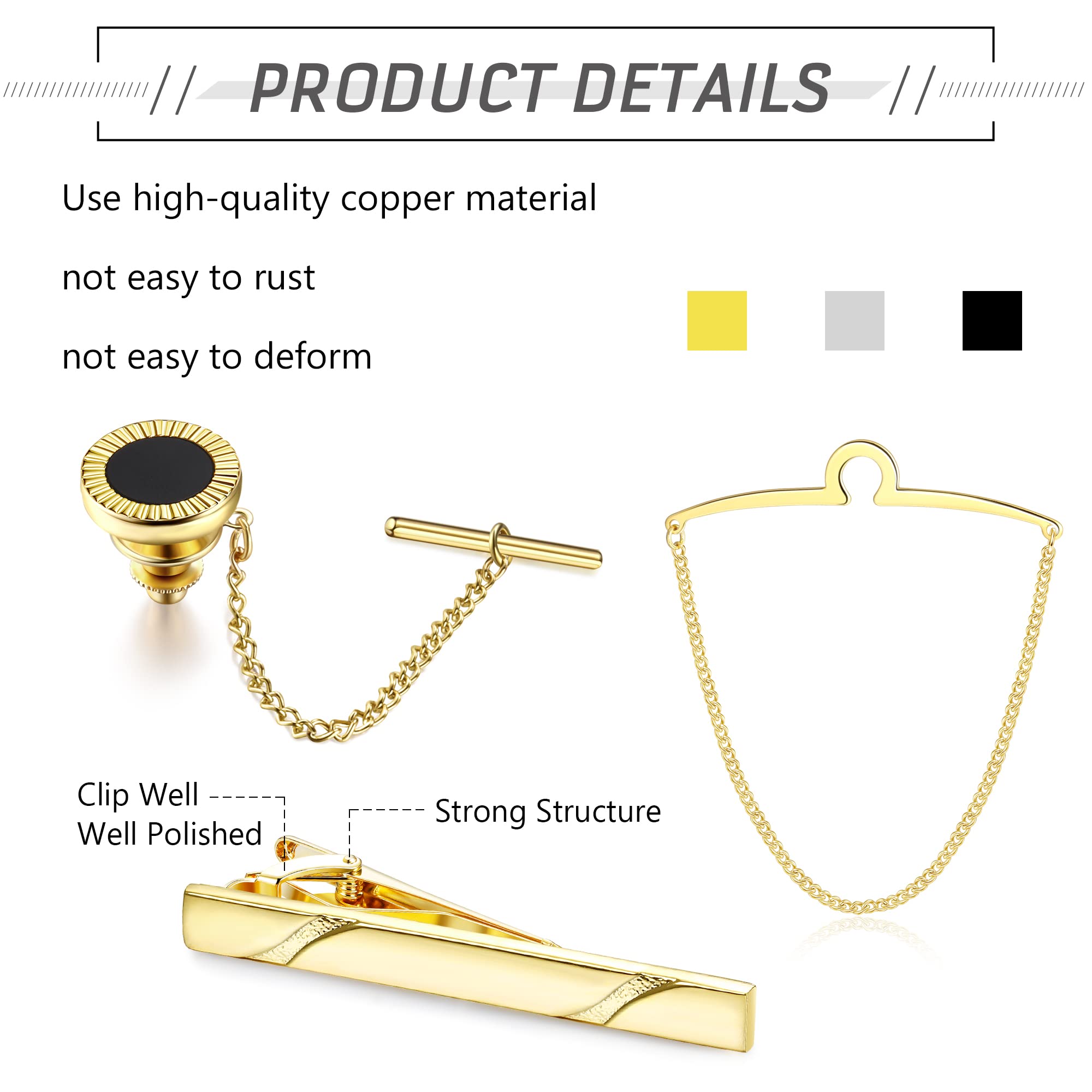 LOLIAS Tie Clips for Men Gold Tie Pin Tie Tack for Regular Ties 8Pcs Multiple Styles Classic Tie Clasps Necktie Wedding Meeting Business Clips with Gift Box