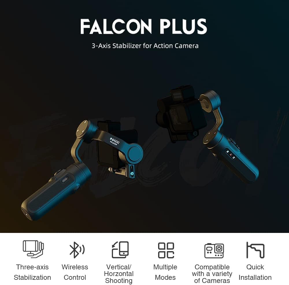 INKEE Falcon Plus Action Cameras Gimbal Stabilizer, 9H Battery Life Wireless Control USB-C Universal Charging Compatible with GoPro 10/9/8/7/6/5 Osmo Action Insta 360, GoPro Media Mode