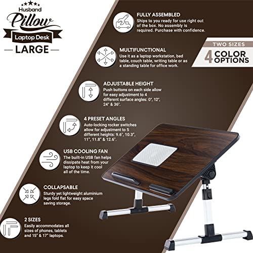 Husband Pillow Combo - Backrest Pillow with Arms : Standard Cowboy Taupe & Lap Desk Bed Tray : XXL Brown - Aspen Memory Foam Reading Pillows for Bed & Laptop Bed Tray Table