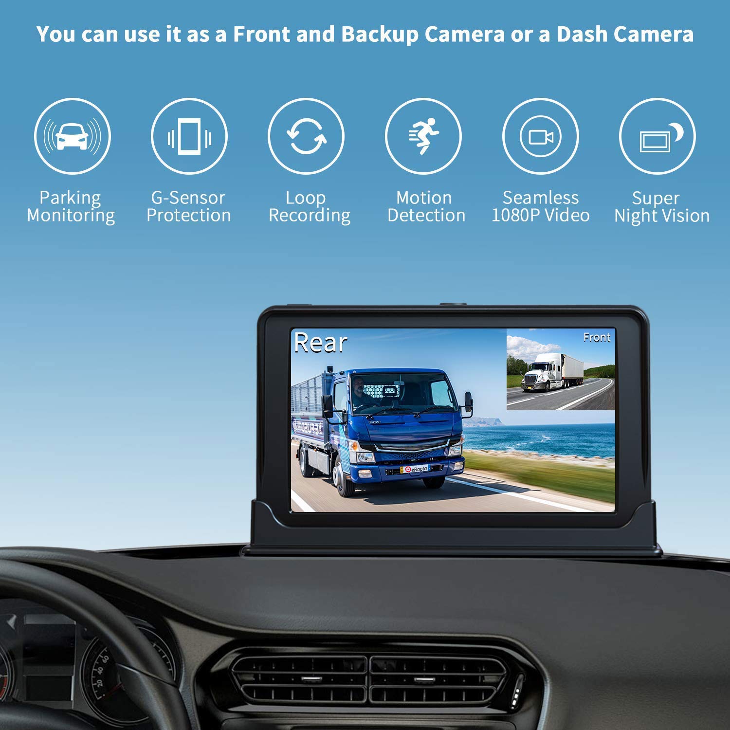 HD Backup & Front Camera with 5'' Monitor,Dash Camera Front and Rear View Cam DVR with 1080P,Advanced Recording Function,IP69 Waterproof,Night Vision for RV/Pickup/Truck/Trailer/Bus FY1
