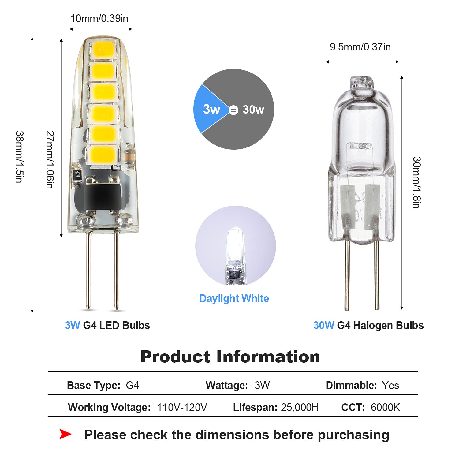 KAIQI G4 LED Bulb Dimmable AC 110-130V G4 Bi-Pin Light Bulb 3W (30W Halogen Bulb Replacement) 6000K Daylight White, 6 Pack