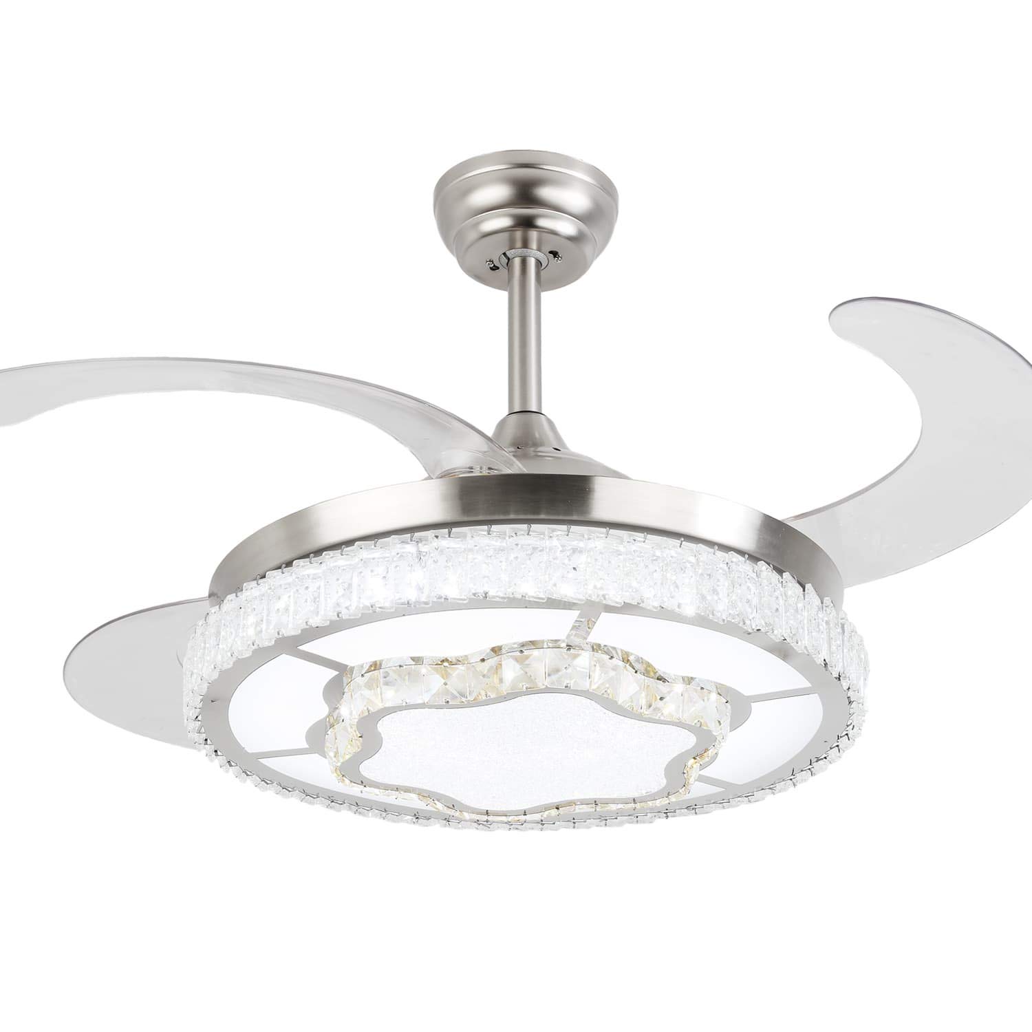 JVUJVCI Retractable Crystal Ceiling Fan Light with Remote Control, LED Fan Chandelier for Bedroom Living Room Kitchen 3 Color Change Lighting 42 Inch (Silver) (42 Inch)