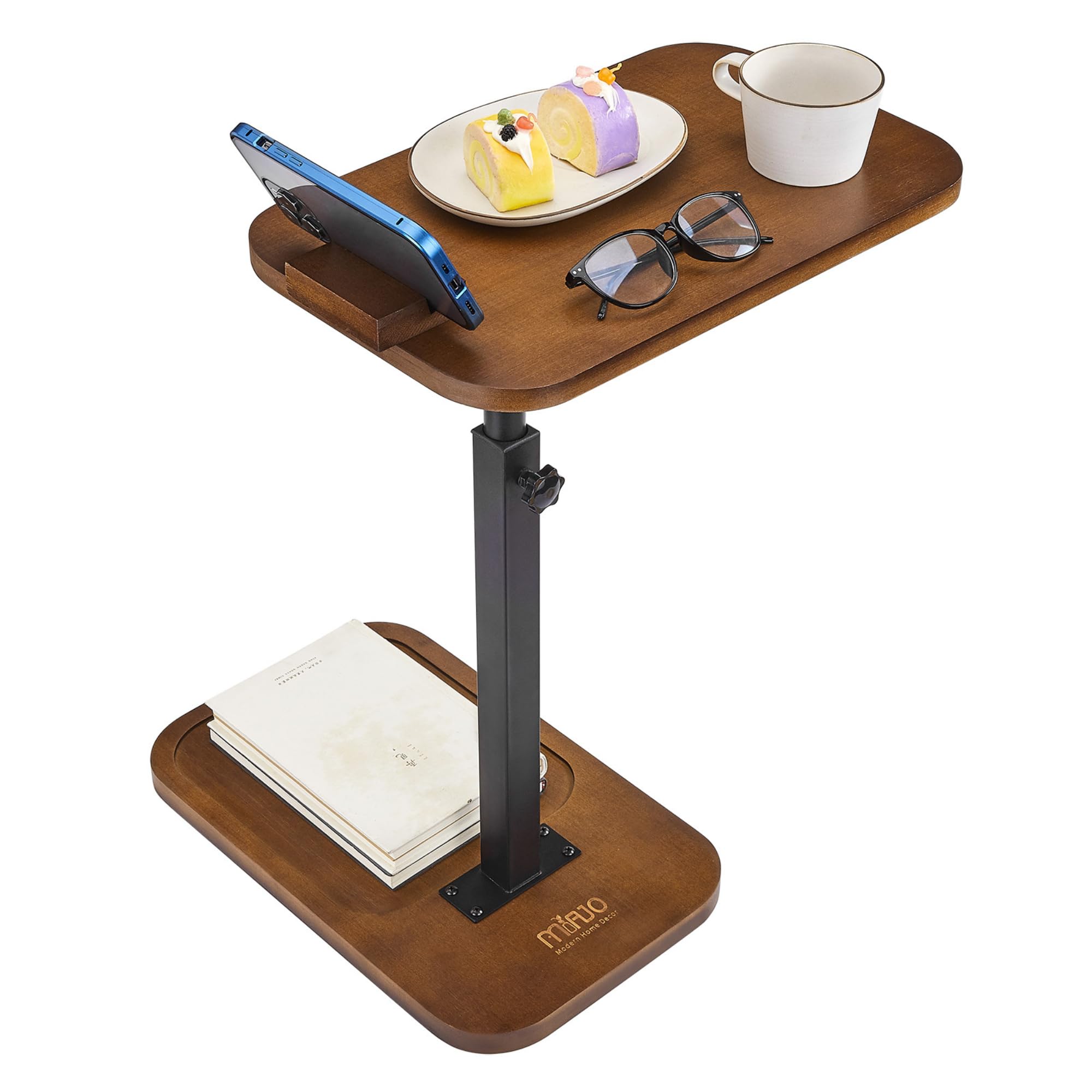 Side Table for Couch, Swivel TV Tray Table & 360° Rotating Phone Holder, Couch Arm Tray Tables, Small Side Table for Small Spaces, C Shaped End Table Couch Tables That Slide Under (Brown)