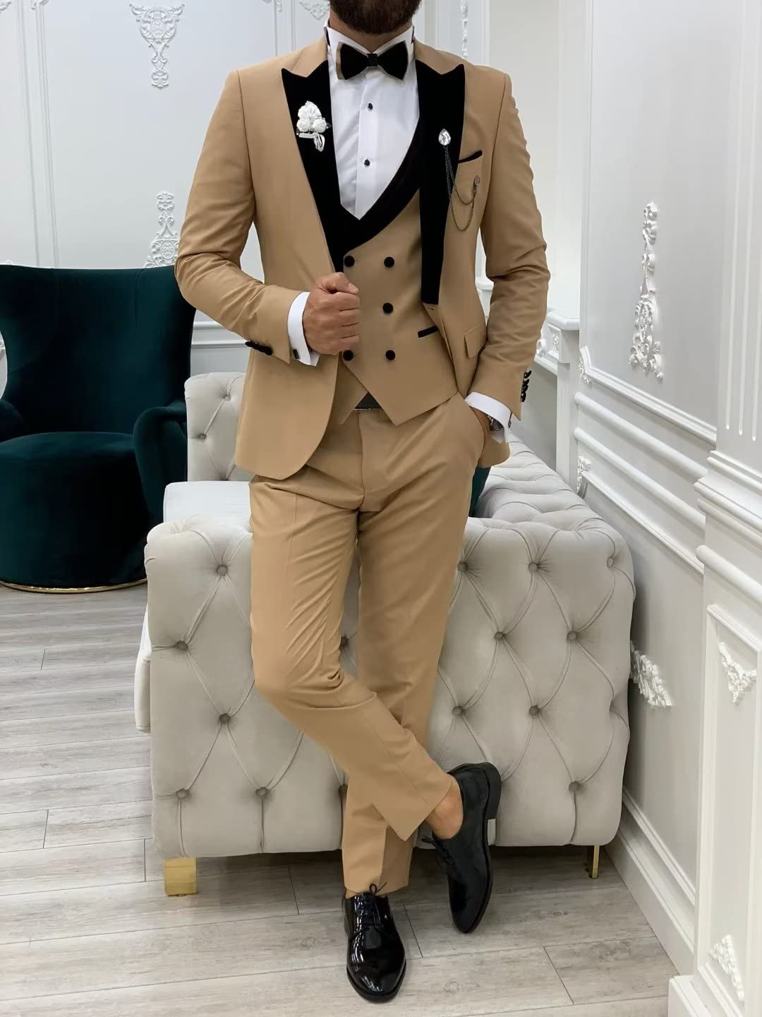 HUUTOE HANBANGWEI Double Breasted Suit Men Slim Fit Tuxedo for Men Plus Size Tuxedo Suit for Men Formal Beige and Black Suits for Men L Size