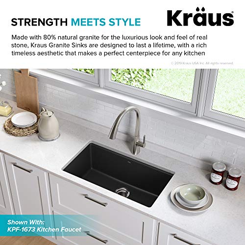 KRAUS 31 Inch Undermount Single Bowl Black Onyx Granite Kitchen Sink with WasteGuard⢠Continuous Feed Garbage Disposal, KGU-413B-100-75MB