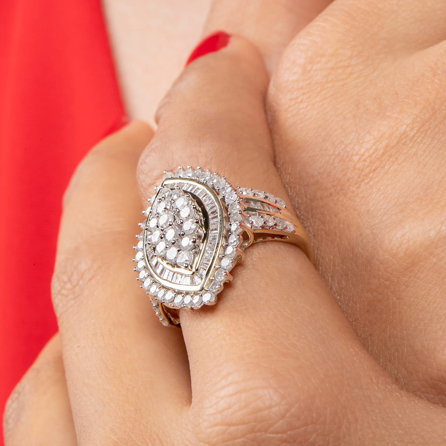 Jewelili Ring with Natural White Baguette and Round Diamonds 2 Cttw in 10K Yellow Gold Size 9