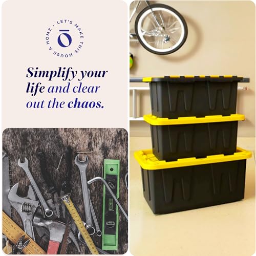 HOMZ Durabilt 15-Gallon Storage Tote with Flip Lid, Heavy-Duty Storage Bin with Snap-on Lid, Black and Yellow, 2 Pack