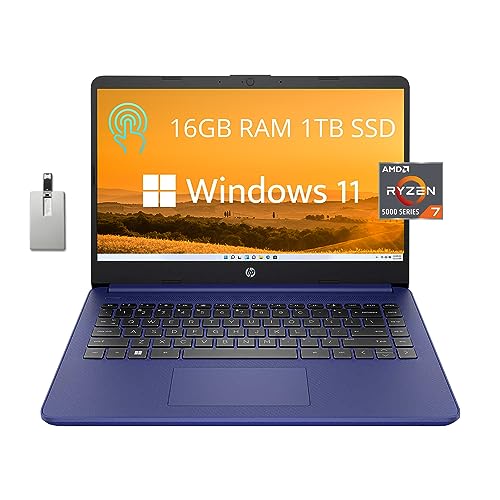 HP 14” HD Touchscreen Laptop, AMD Ryzen 7-5700U, 16GB RAM, 1TB PCIe SSD, AMD Radeon Graphics, HD Webcam, WI-FI 6, Bluetooth, HDMI, Blue, Windows 11, 32GB USB Card