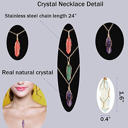 Lezam 5 Pcs Natural Hexagonal Crystal Necklace for Women Reiki Healing Crystals Pendant with Tree Wire Wrapped Gemstone Quartz Stone Pendants Necklaces
