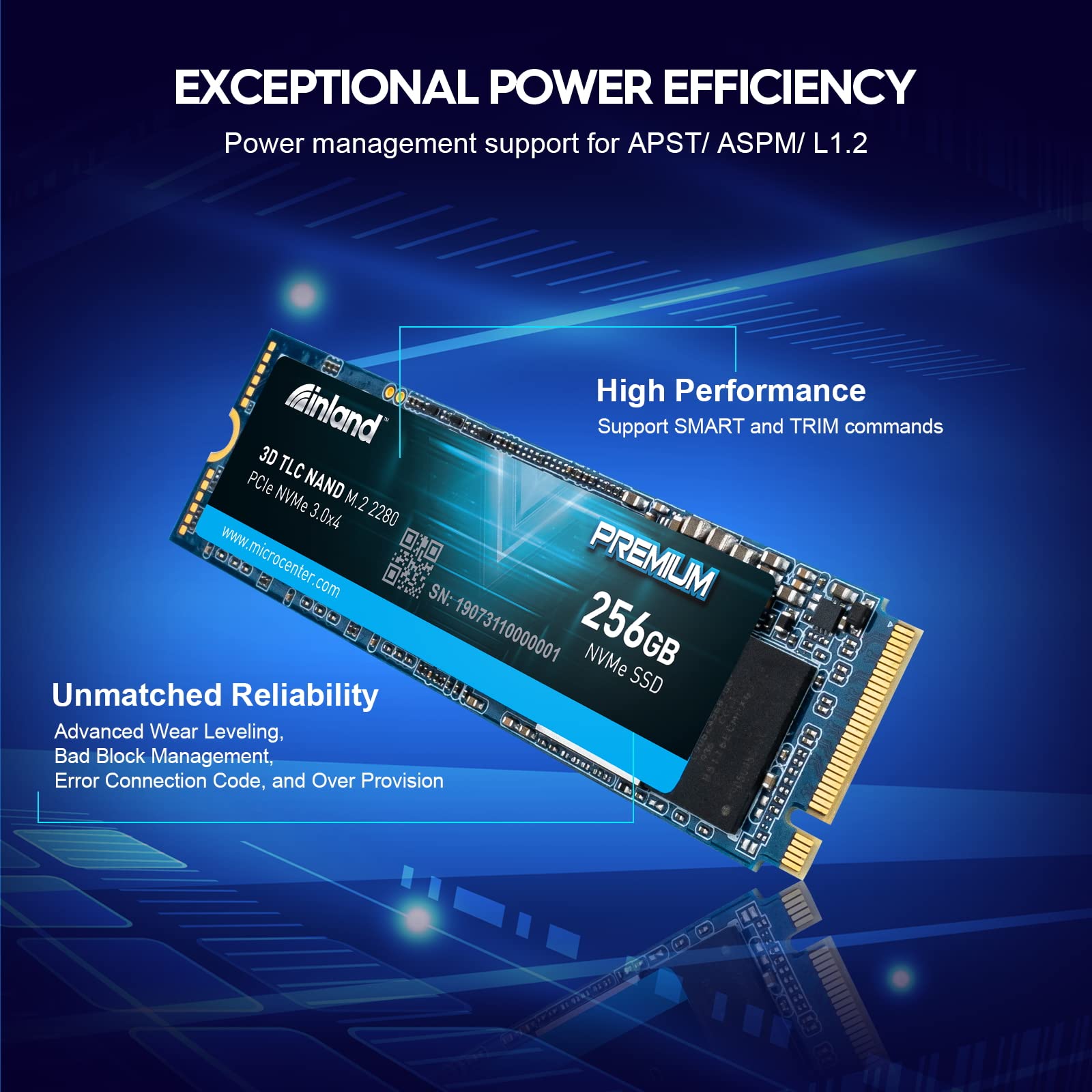 INLAND Premium 256GB 3D NAND TLC M.2 2280 PCIe NVMe 3.0 x4 Internal Solid State Drive, Read/Write Speed up to 2900MB/s and 950MB/s, 360 TBW