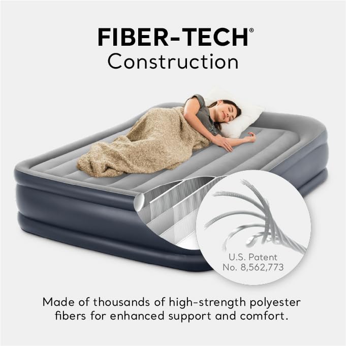 Intex 64135ED Dura-Beam Plus Deluxe Pillow Rest Air Mattress: Fiber-Tech β Queen Size β Built-in Electric Pump β 16.5in Bed Height β 600lb Weight Capacity