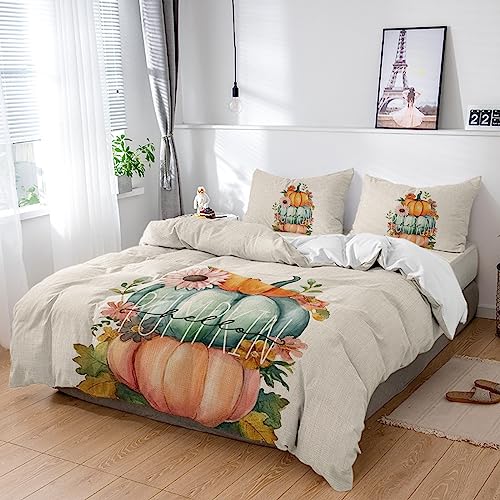 Thanksgiving Pumpkin Fall Plant Duvet Cover Sets 4 Piece Queen Ultra Soft Bed Quilt Cover Set for Kids/Teens/Women/Men,Farm Watercolor Floral Vintage Linen Bedding Collection All Season Use