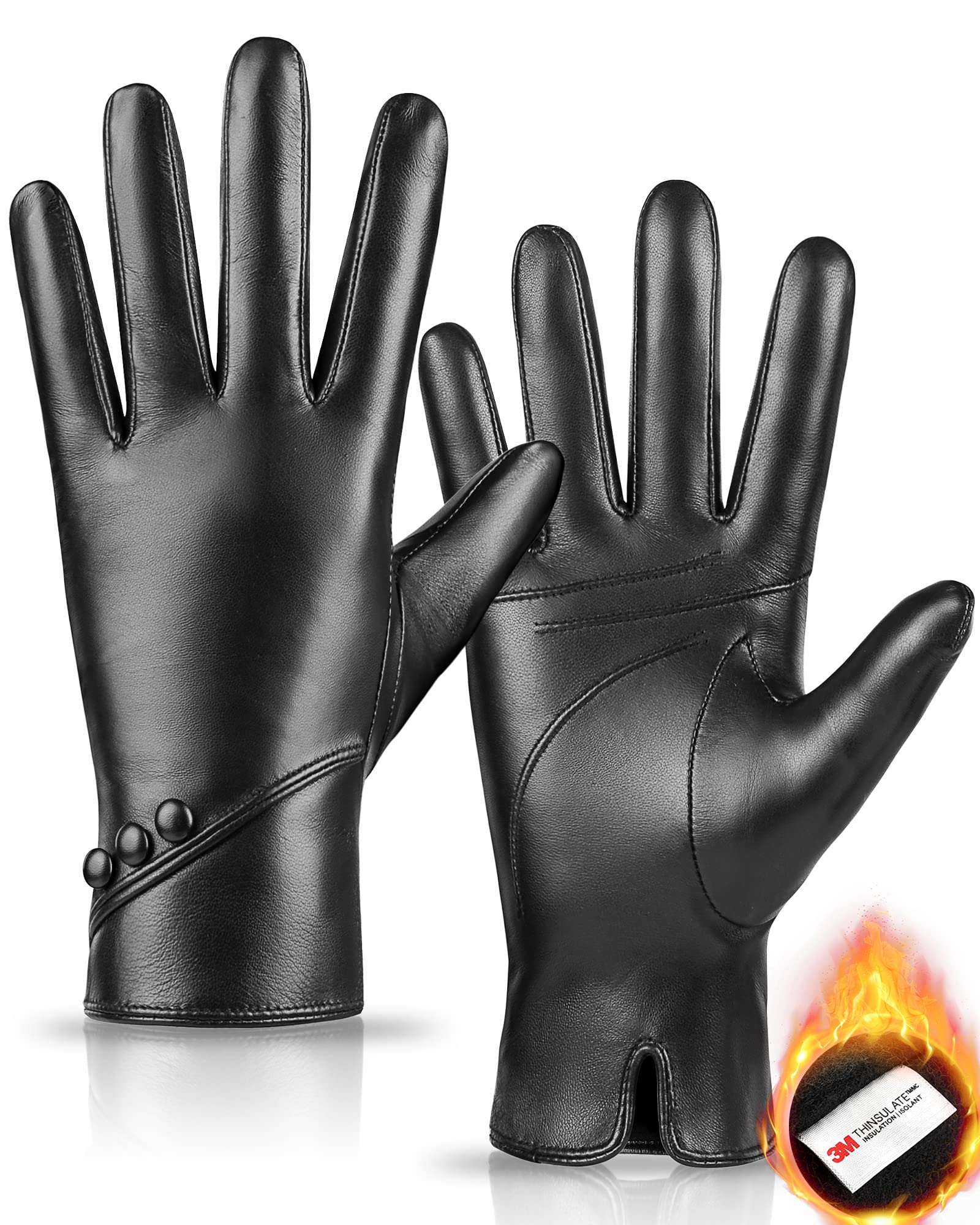 MAGILINK Genuine Sheepskin Leather Gloves for Women, Winter Warm Touchscreen Gloves Thinsulate Lined, Driving Motorcycle Gloves(Black-L)