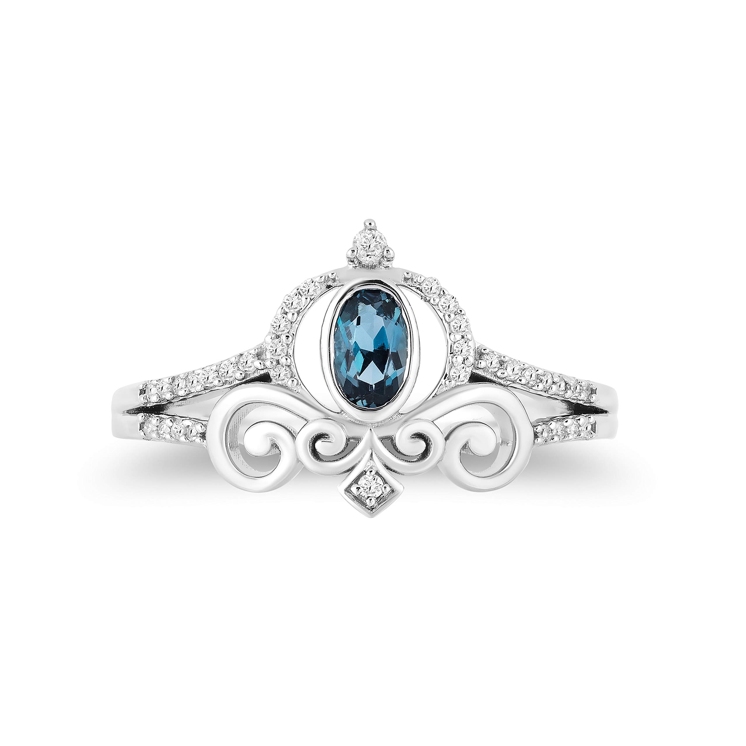 Jewelili Enchanted Disney Fine Jewelry Sterling Silver with 1/10 CTTW Diamonds and London Blue Topaz Cinderella Carriage Ring, size 8