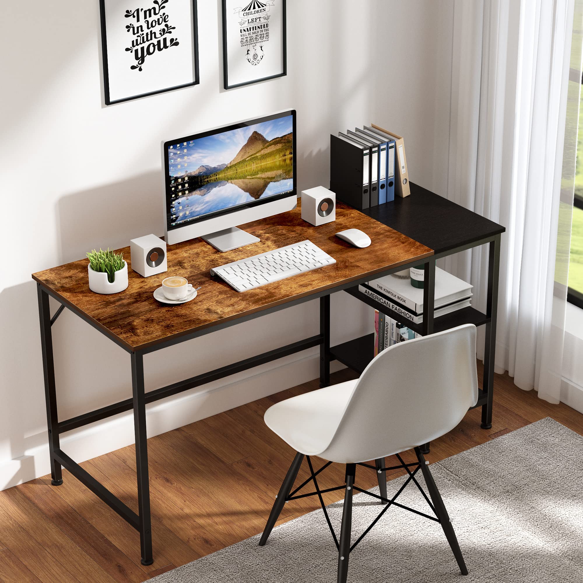 JOISCOPE Home Office Computer Desk,Small Study Writing Desk with Wooden Storage Shelf,2-Tier Industrial Style Laptop Table,Gaming Table with Splice Board,60 inches,(Vintage Oak Finish)