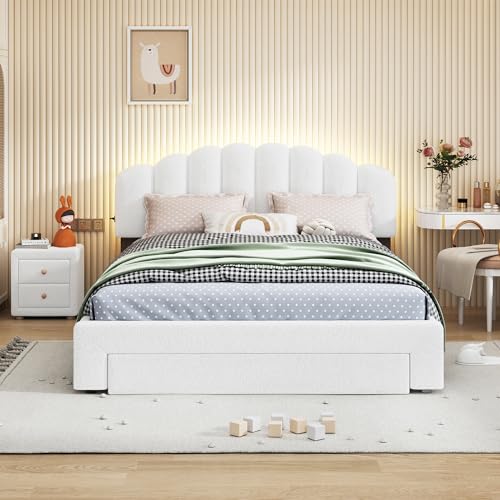 HBRR Queen Size Bed Frame with Drawer, Upholstered Smart Platform Bed with 2-Drawers Nightstand and USB Ports, Strong Wood Slats Support, No Box Spring Needed, Teddy Fleece, White