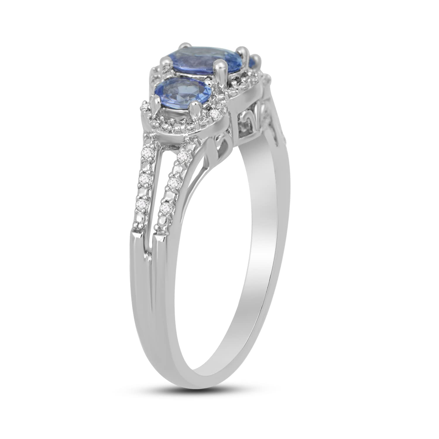 Jewelili Sterling Silver 6x4MM and 4x3MM Oval Shape Tanzanite and Natural White Round Diamond Accent Ring, Size 4