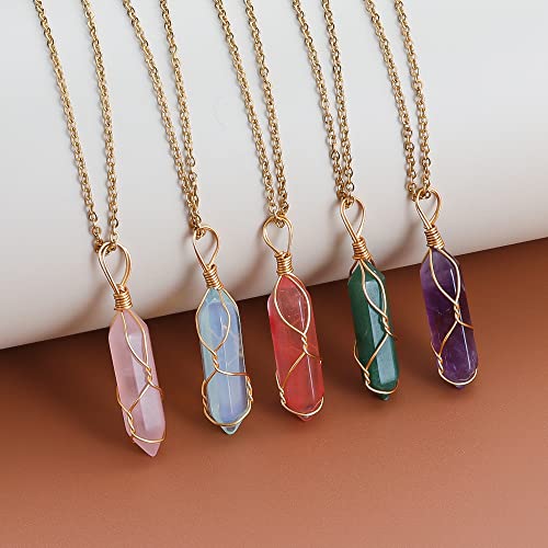 Lezam 5 Pcs Natural Hexagonal Crystal Necklace for Women Reiki Healing Crystals Pendant with Tree Wire Wrapped Gemstone Quartz Stone Pendants Necklaces